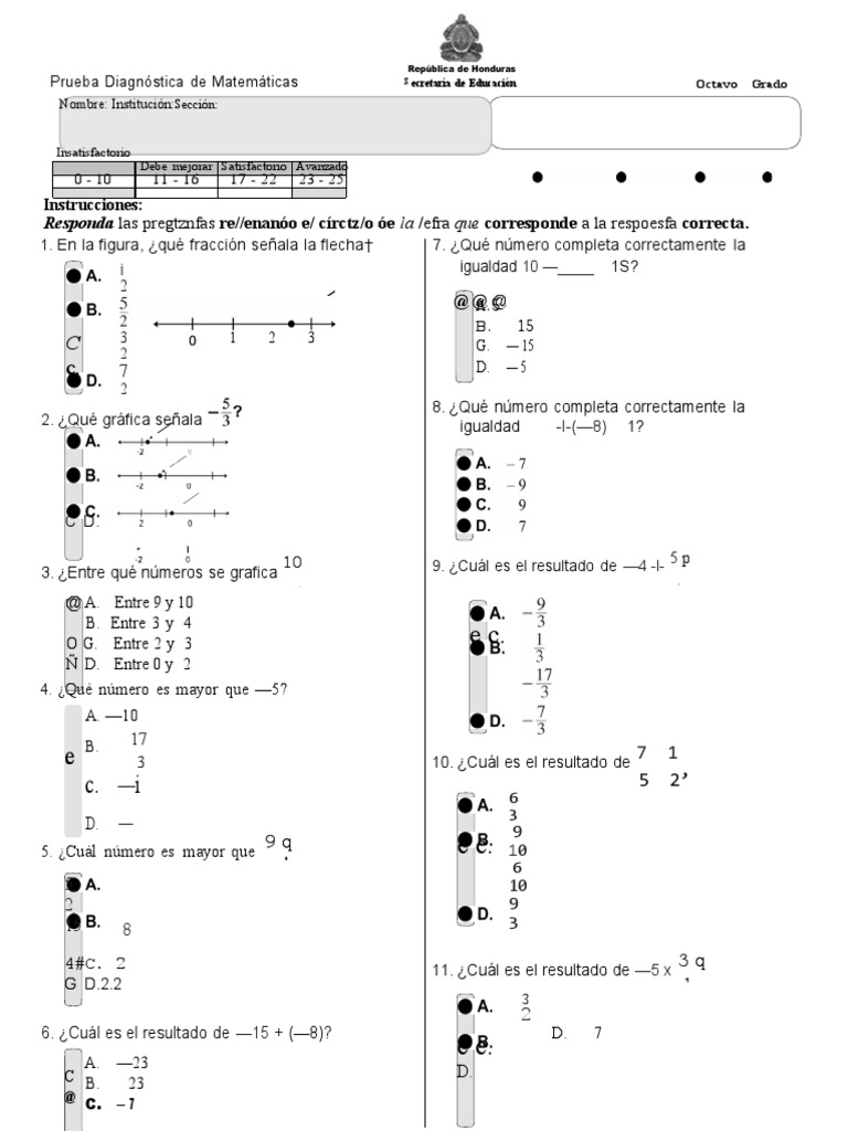 Prueba diagnóstica de matemáticas para octavo grado: Resolución de ...