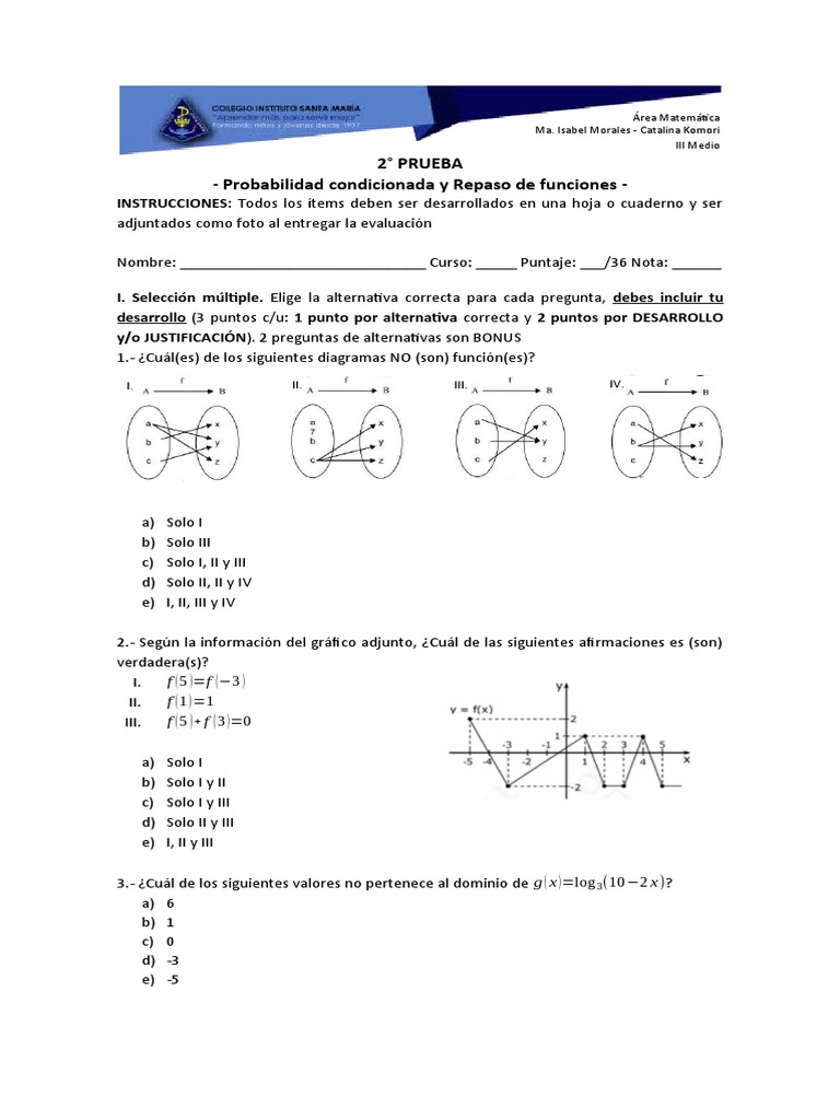 2° Prueba - Funciones y Probabilidad III A | PDF | Probabilidad | Matemáticas