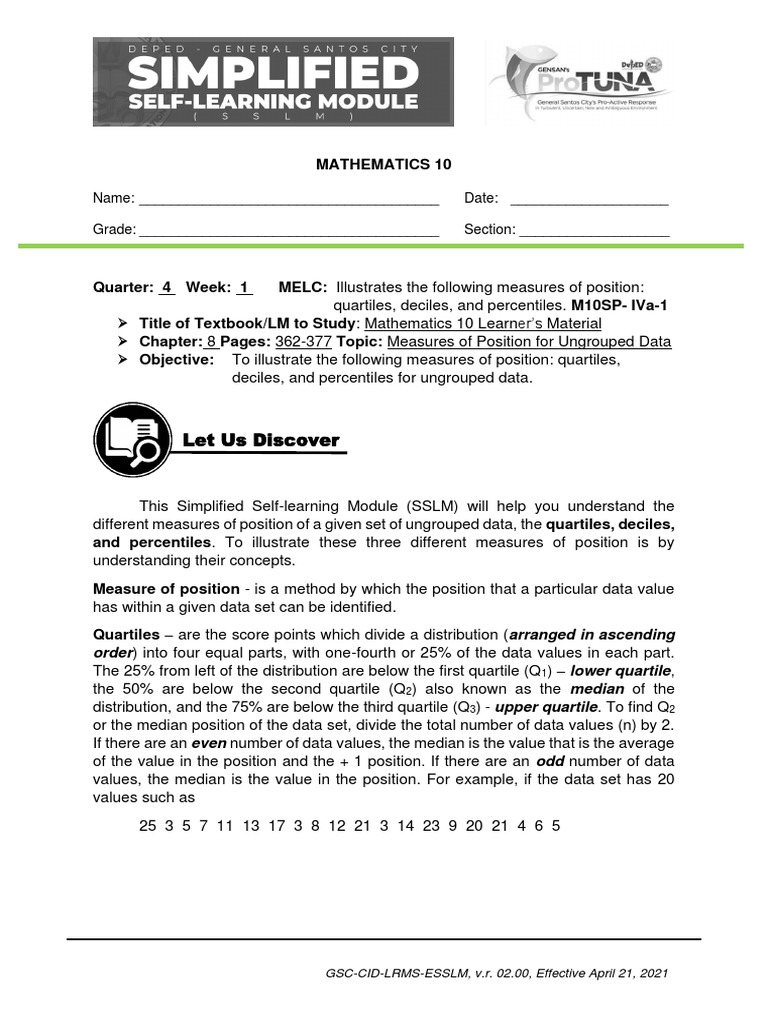 Math10 Q4 Week 1-SSLM | PDF | Median | Quartile