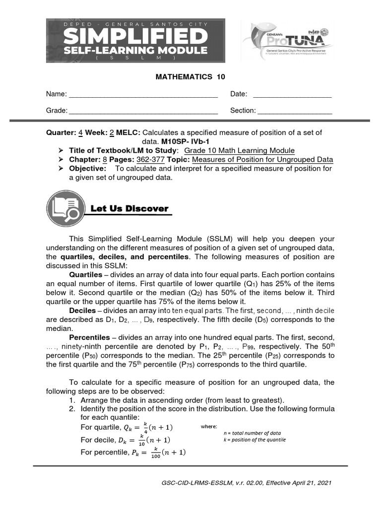 Math10 Q4 Week 2-SSLM | PDF | Quantile | Percentile