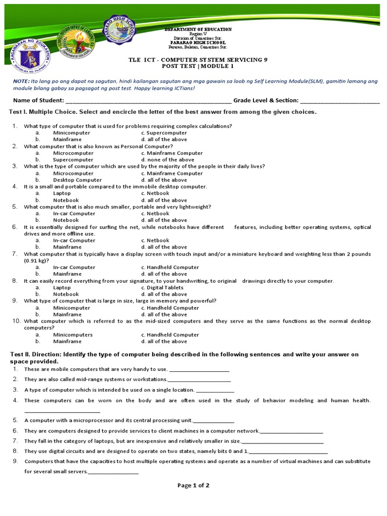 Summative Test Module 1 Tle Ict CSS 9 | Download Free PDF | Laptop ...