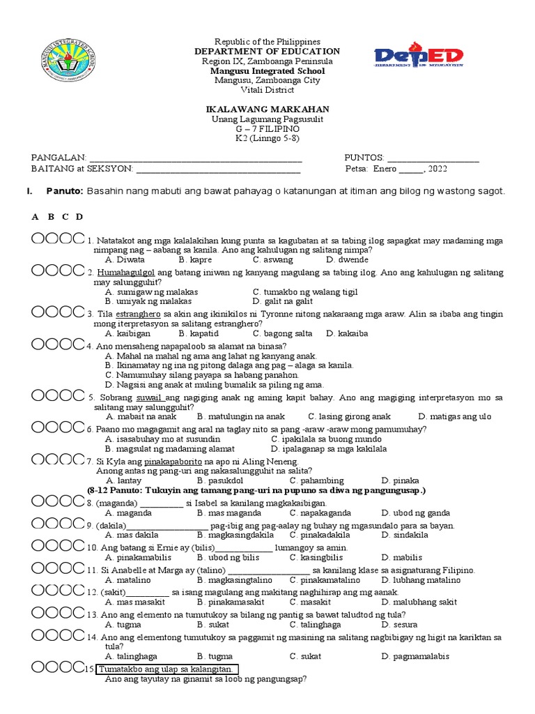 I. Panuto: Basahin Nang Mabuti Ang Bawat Pahayag o Katanungan at Itiman Ang Bilog NG Wastong ...