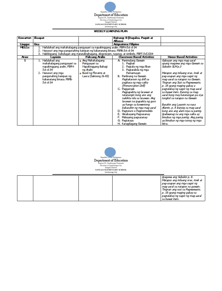 WEEKLY LEARNING PLAN G8-4th | PDF