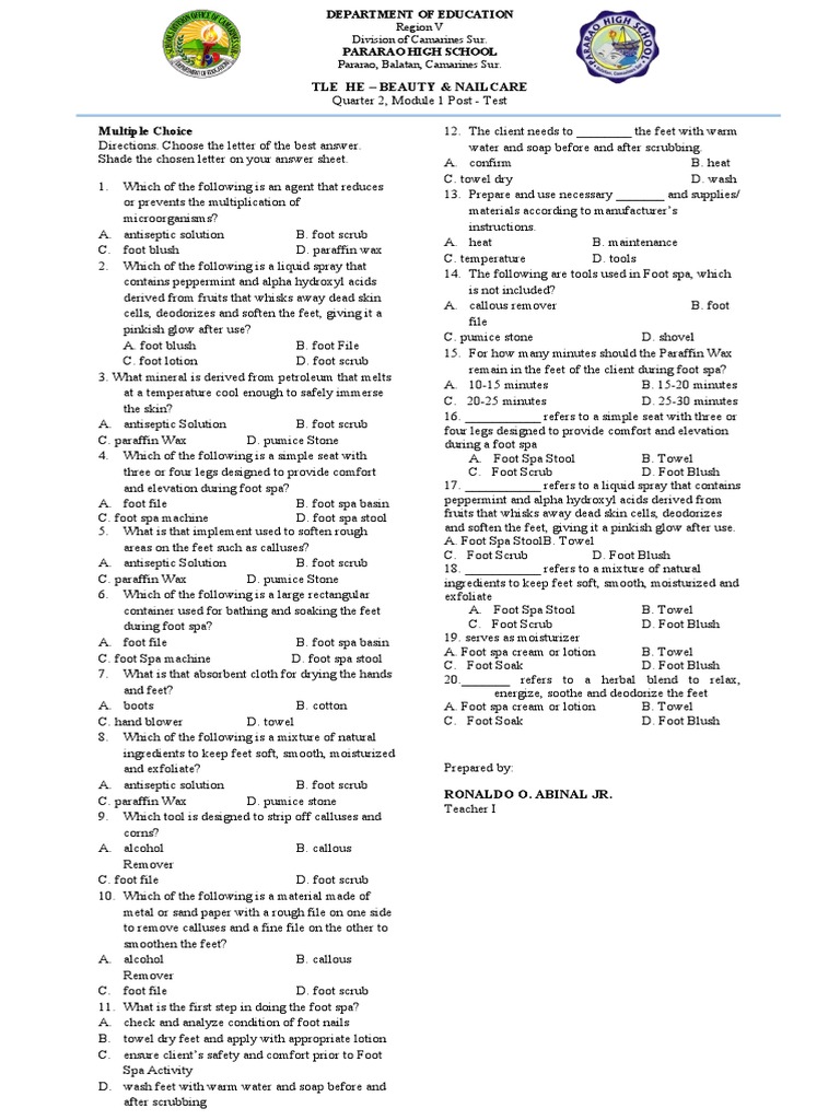 Beauty & Nailcare 10 Module 1 Post Test | PDF | Materials | Chemical ...