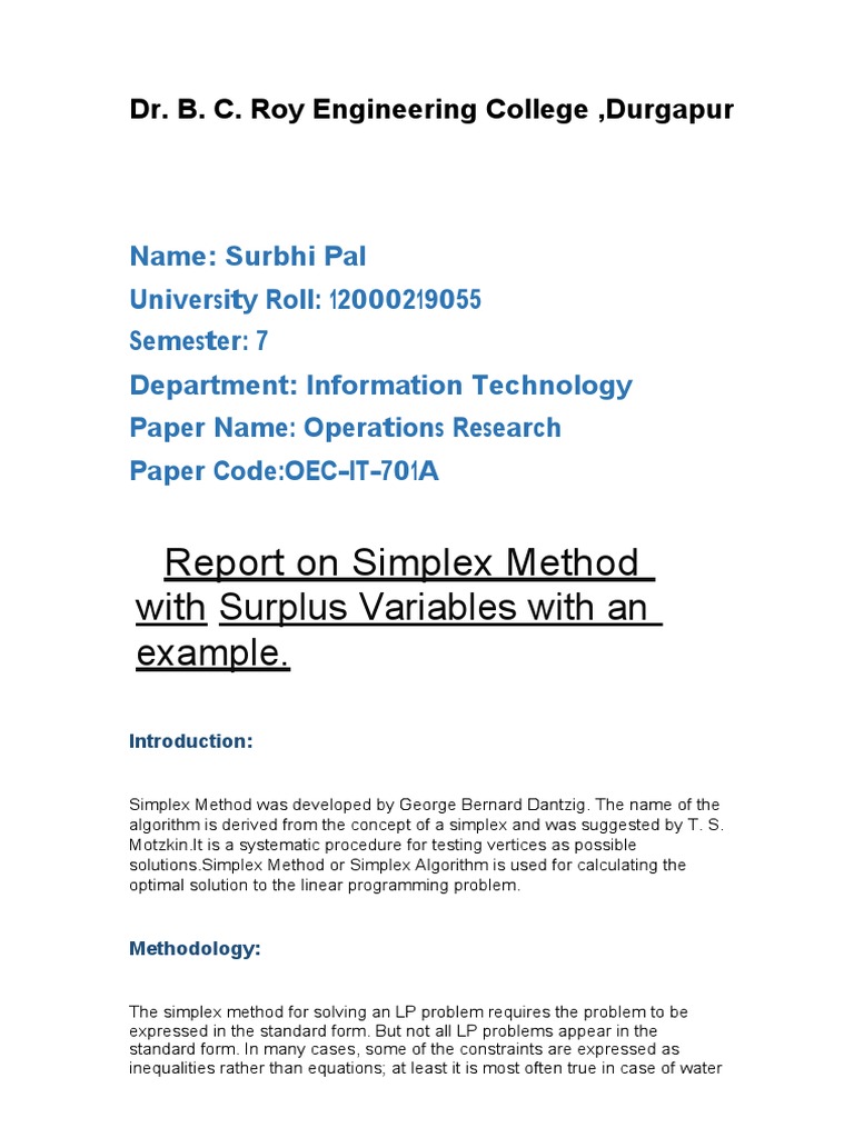 On Simplex Method With Surplus Variables With An Example.: Dr. B. C. Roy Engineering College ...