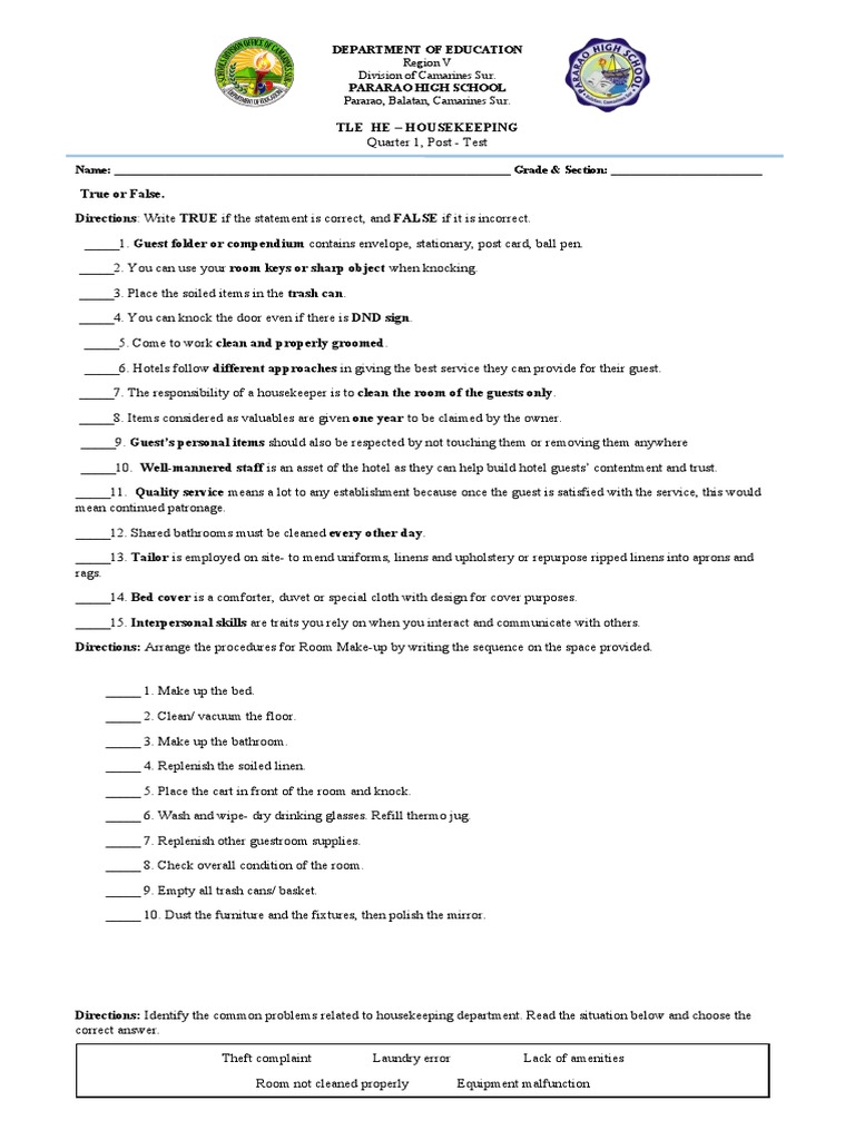 Housekeeping Post-Test for TLE HE Students | PDF | Housekeeping | Home