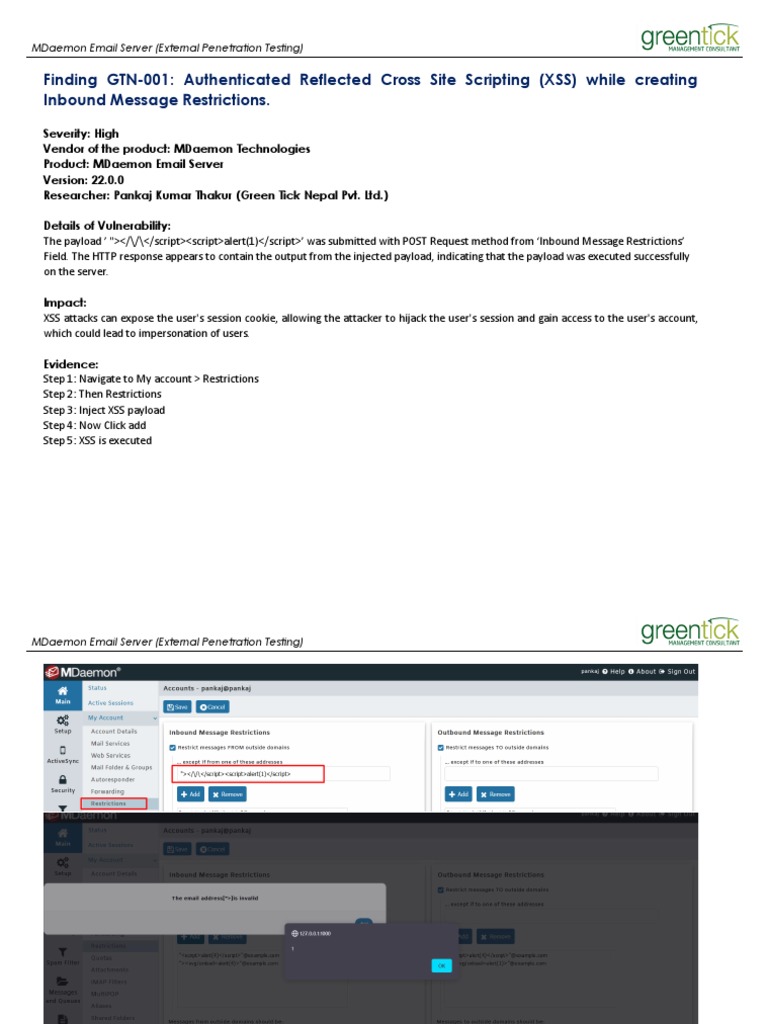 Authenticated Reflected Cross Site Scripting (XSS) While Creating Inbound Message Restrictions | PDF