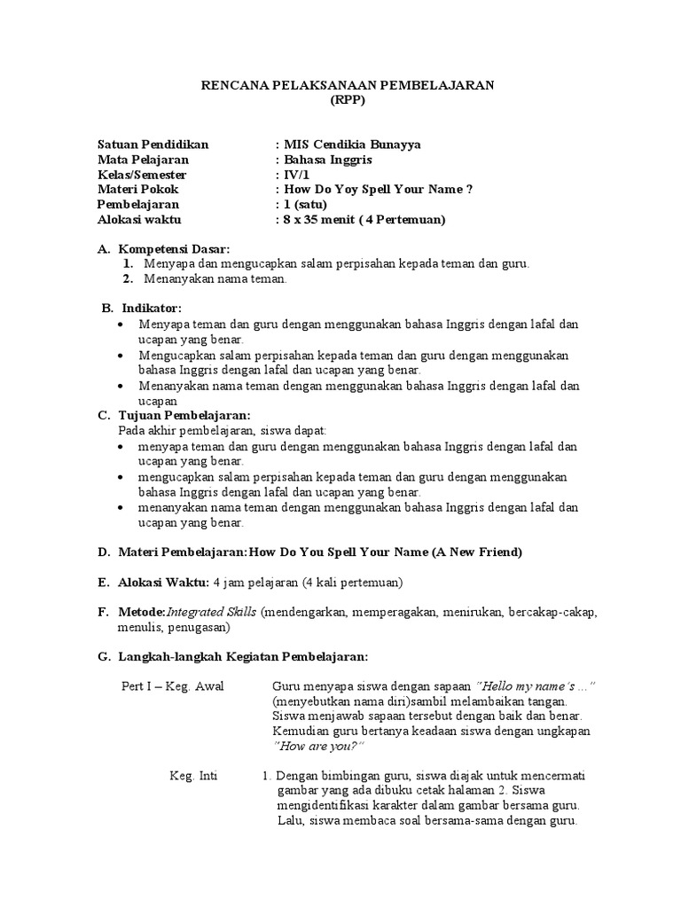 RPP K13 Bahasa Inggris Kelas 4 Semester 1 Revisi 2019 | PDF