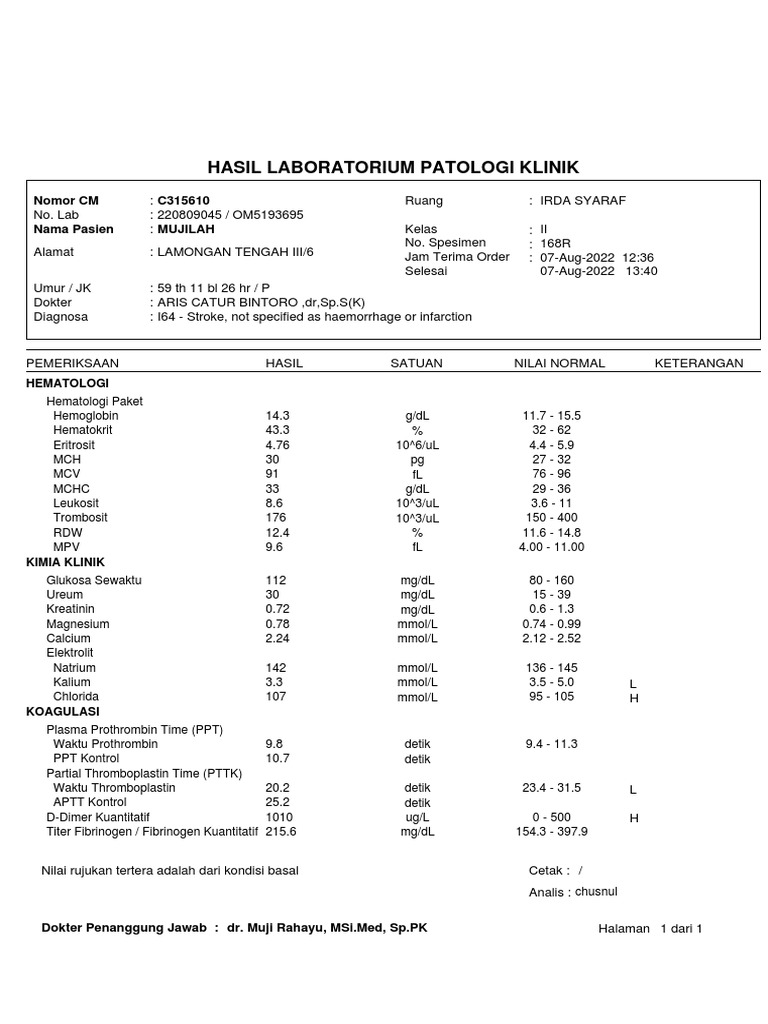 Hasil Lab Pasien Stroke | PDF