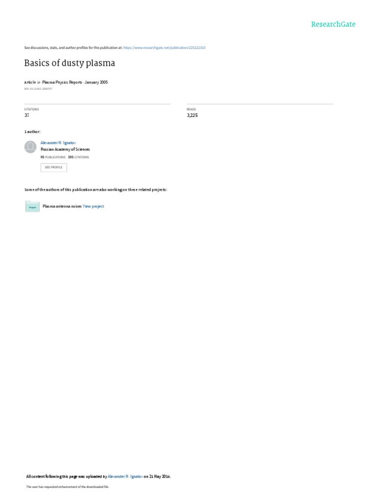 Basics of Dusty Plasma: Plasma Physics Reports January 2005 | PDF | Plasma (Physics) | Force