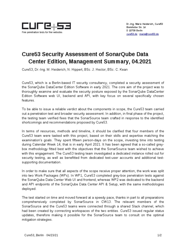 Cure53 Security Assessment of SonarQube Data Center Edition: Management Summary Report ...