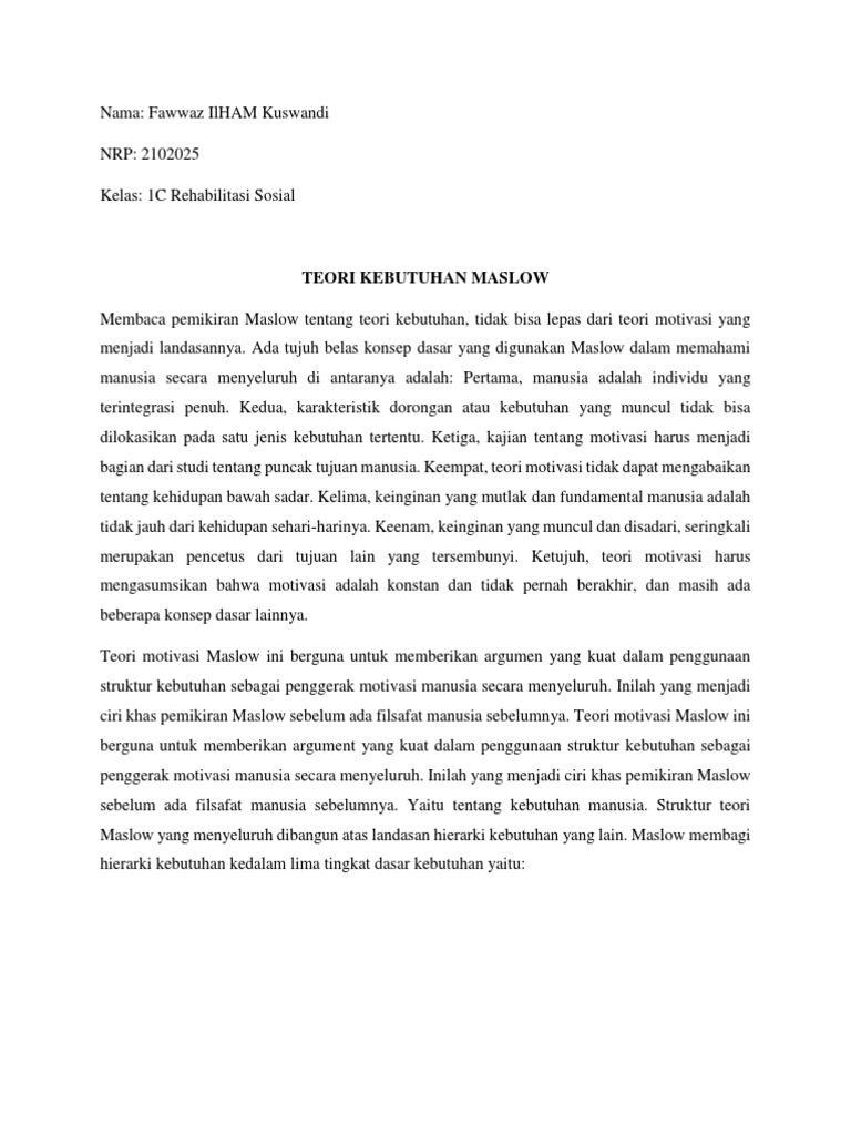 Fawwaz Ilham Kuswandi - 2102025 - Teori Abraham Maslow | PDF | Karier ...