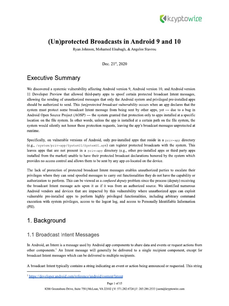 Johnson Unprotected Broadcasts in Android 9 and 10 WP | PDF