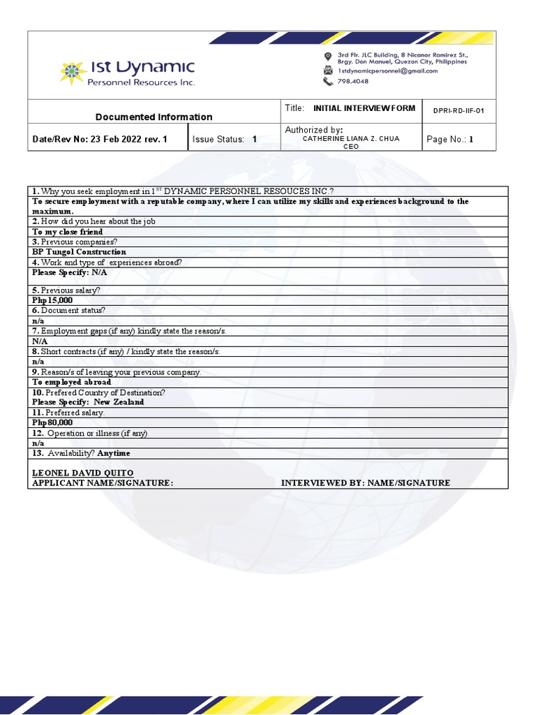 Initial Interview Form-LEONEL QUITO | PDF