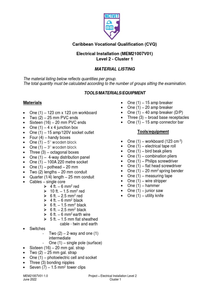 Electrical Installation Level 2 Cl. 1 (June 2022) - Instructor | PDF ...