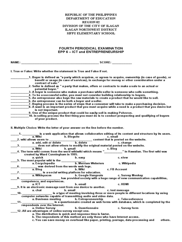 Fourth Periodical Examination Epp 6 - Ict and Entrepreneurship | PDF | Wiki | Sales