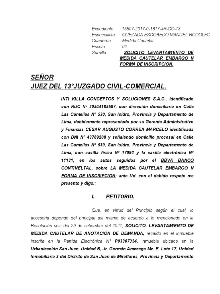 Solicito Levantamiento de Medida Cautela | PDF | Mandato | Lima