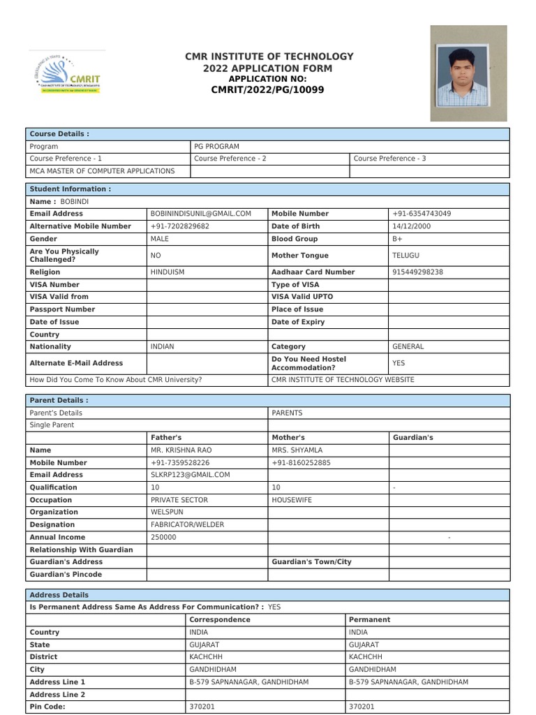 Application Form CMRIT 2022 PG 10099 | PDF | Fee