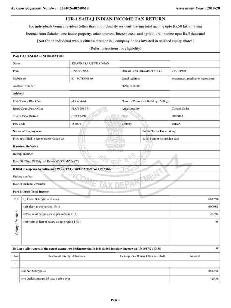 Itr-1 Sahaj Indian Income Tax Return: Acknowledgement Number ...