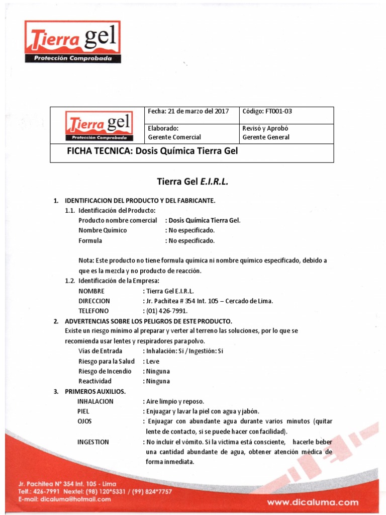Dosis Química de Tierra Gel E.I.R.L. | PDF | Agua | Química