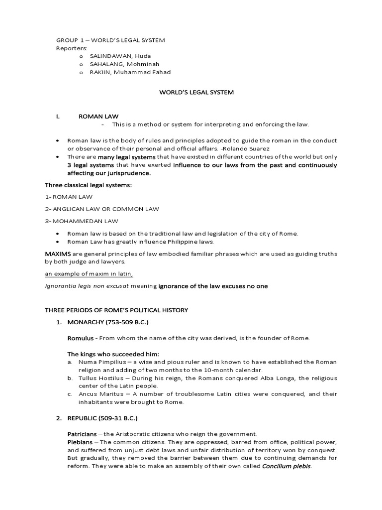 G1, World's Legal System | PDF | Roman Law | Ancient Rome