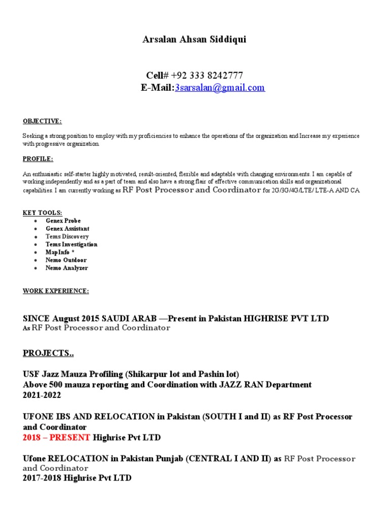 Arsalan. Resume RF ENGINEER | PDF | Lte (Telecommunication) | Lte Advanced