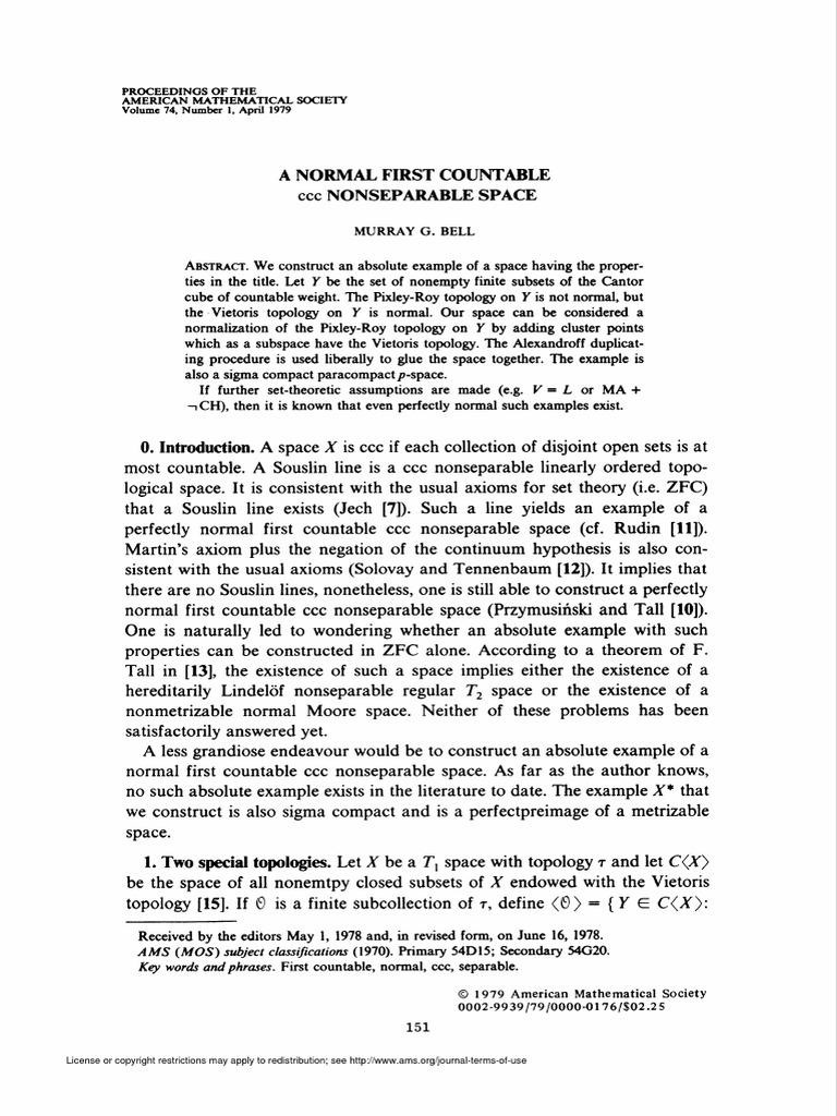 A Normal First Countable CCC Nonseparable Space - Bell | PDF | Set ...