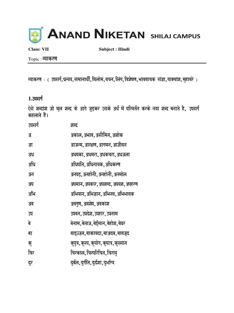 Class 7 Hindi Grammar Topic For HY 21-22 | PDF