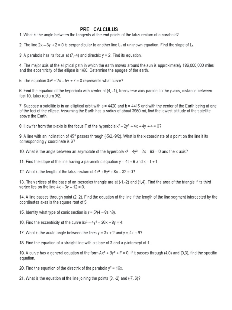 Pre-Calculus Conic Section Problems | PDF | Ellipse | Line (Geometry)