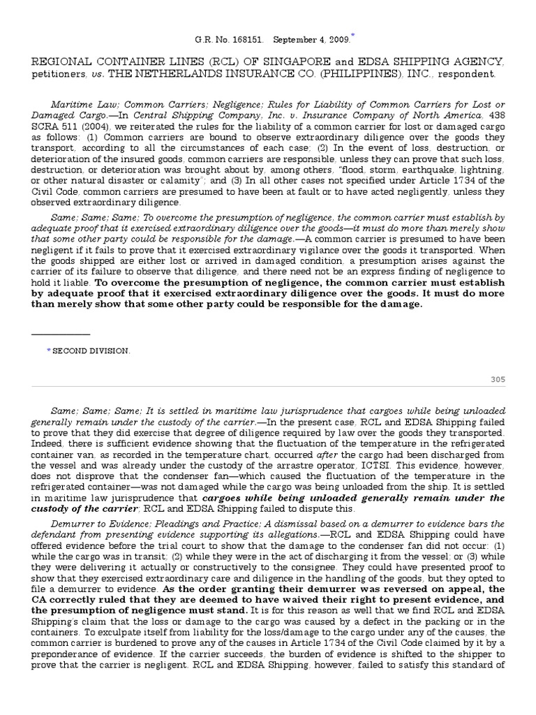 Regional Container Lines (RCL) of Singapore vs. Netherlands Insurance ...