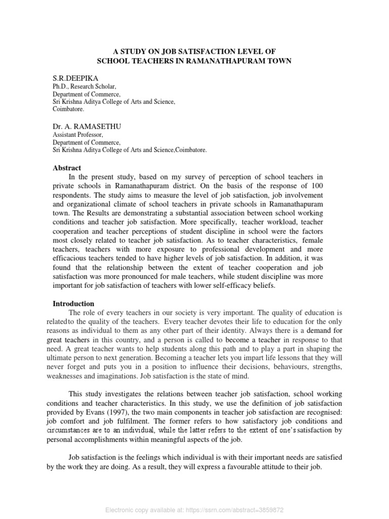 Job Satisfaction of School Teachers | PDF | Job Satisfaction | Teachers