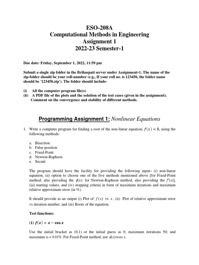 ESO-208A Computational Methods in Engineering Assignment 1 2022-23 Semester-1 | PDF | Algorithms ...