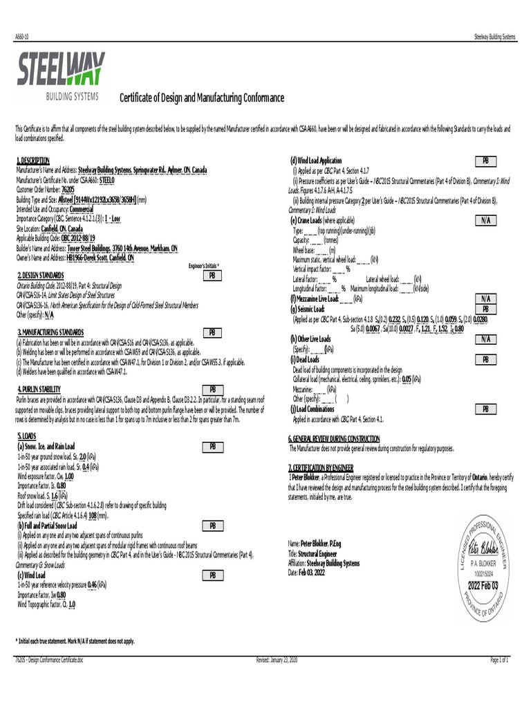 Certificate of Design and Manufacturing Conformance: A660-10 Steelway Building Systems ...