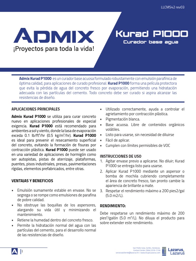 LLCMS42 Rev03 Admix Kurad P1000 | PDF | Hormigón | Materiales