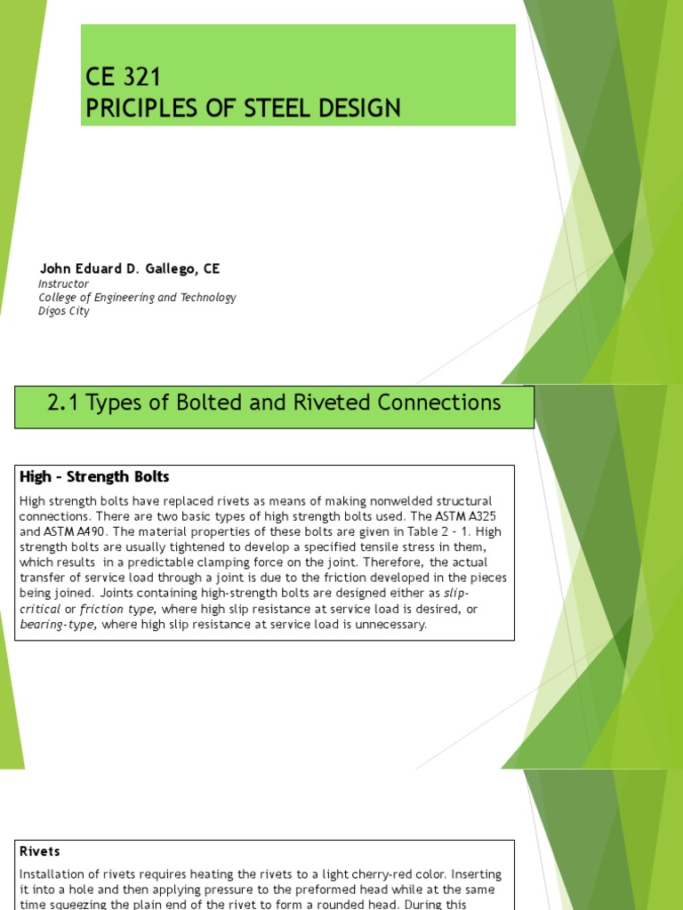 CE 321 - Steel Design (Bolted and Riveted Connections) | PDF | Rivet ...