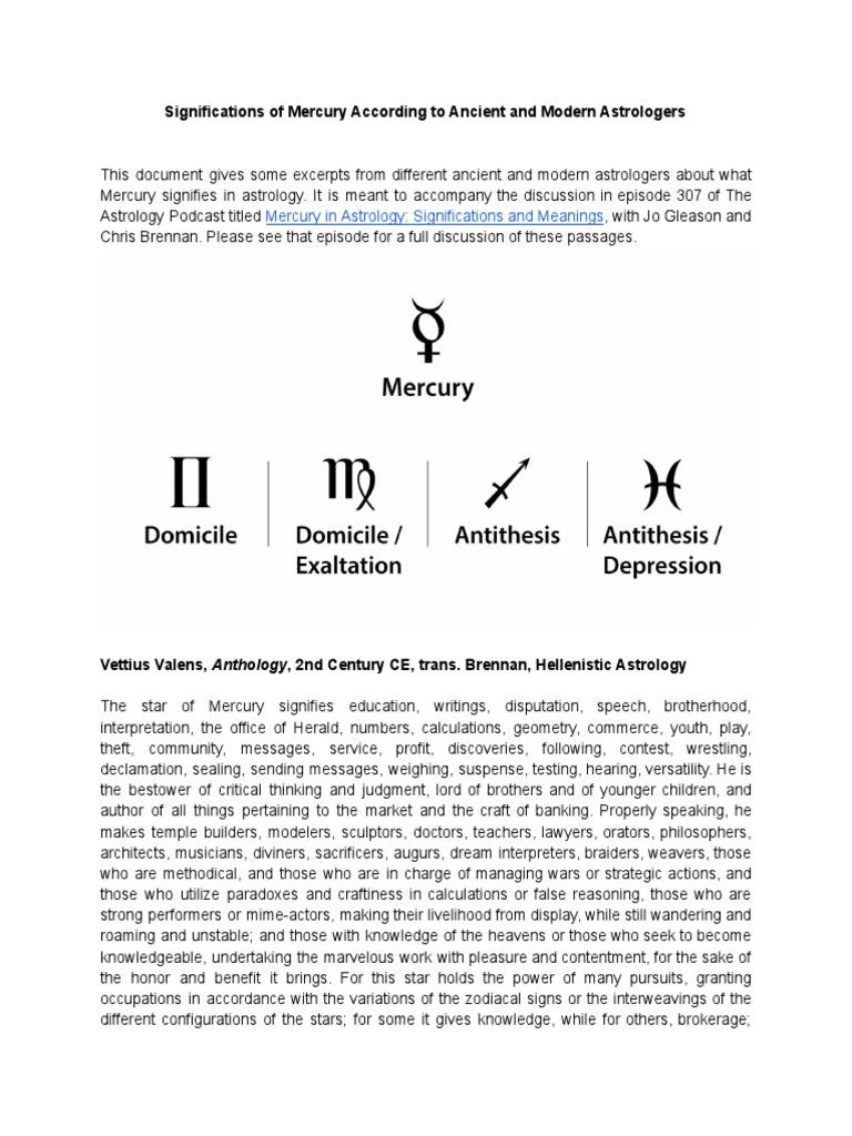 Significations of Mercury According To Ancient and Modern Astrologers ...