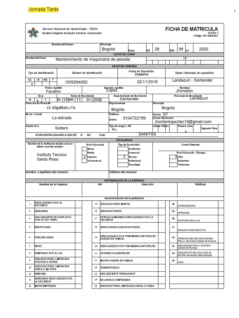 Ficha de Matricula Sena | PDF