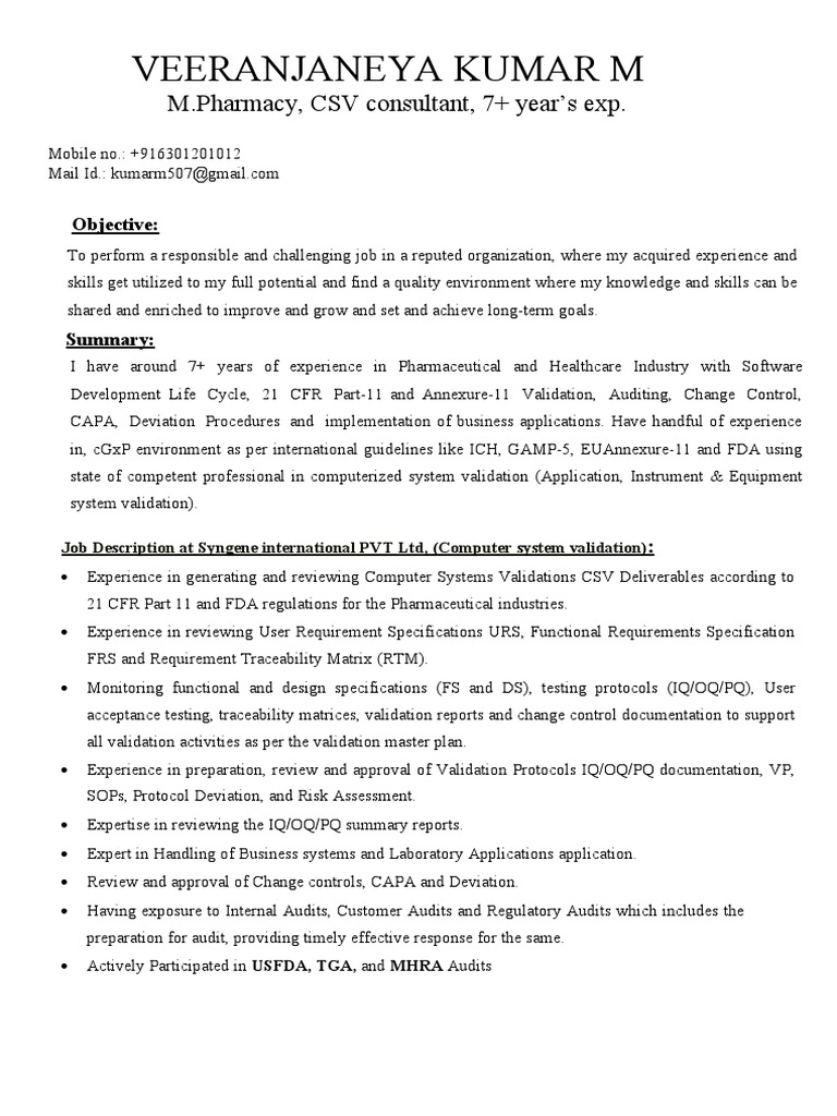 M.V Kumar-7+ Exp-Csv-M.pharamcy | PDF | Verification And Validation | Business