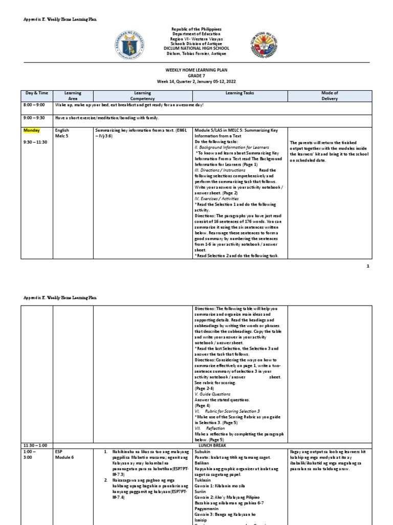 Appendix E. Weekly Home Learning Plan: II. Background Information For ...