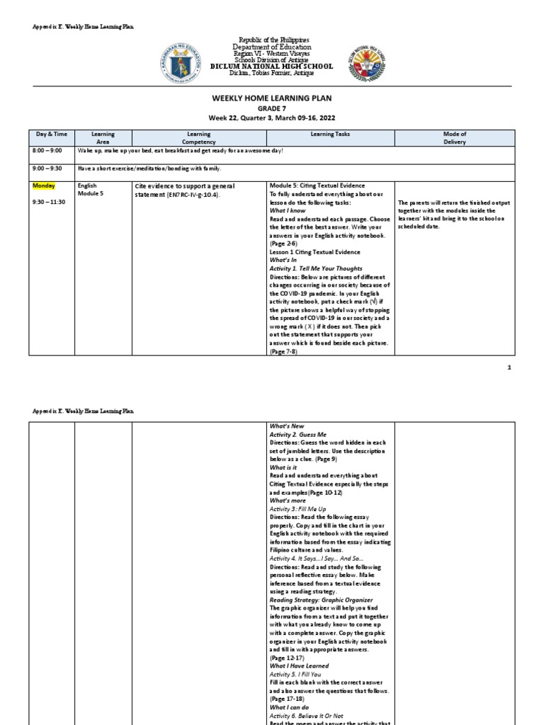 Grade 7 Weekly Learning Plan | PDF | Learning | Multiple Choice