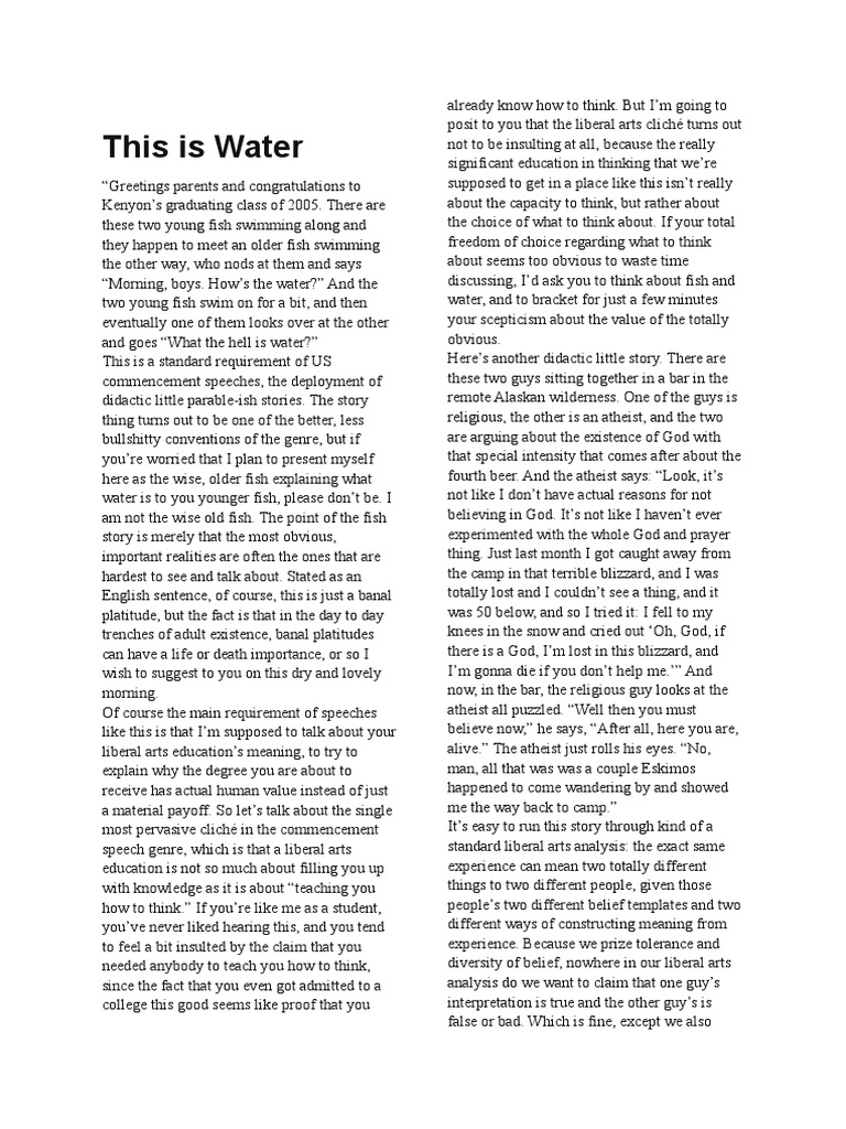 This Is Water - David Foster | PDF | Experience | Atheism