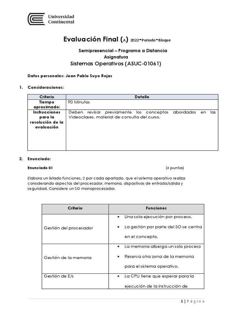 Examen Final - Sistemas Operativos | PDF | De entrada y salida | Sistema operativo