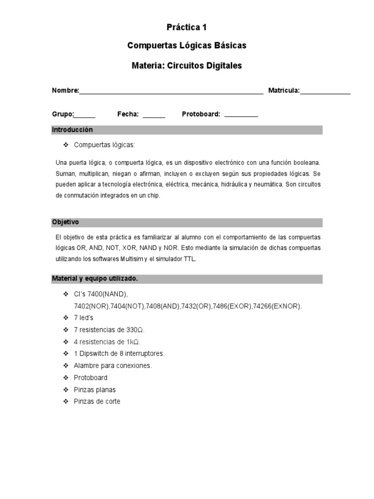 Práctica 1 (Multisim) | PDF | Puerta lógica | Circuitos electrónicos