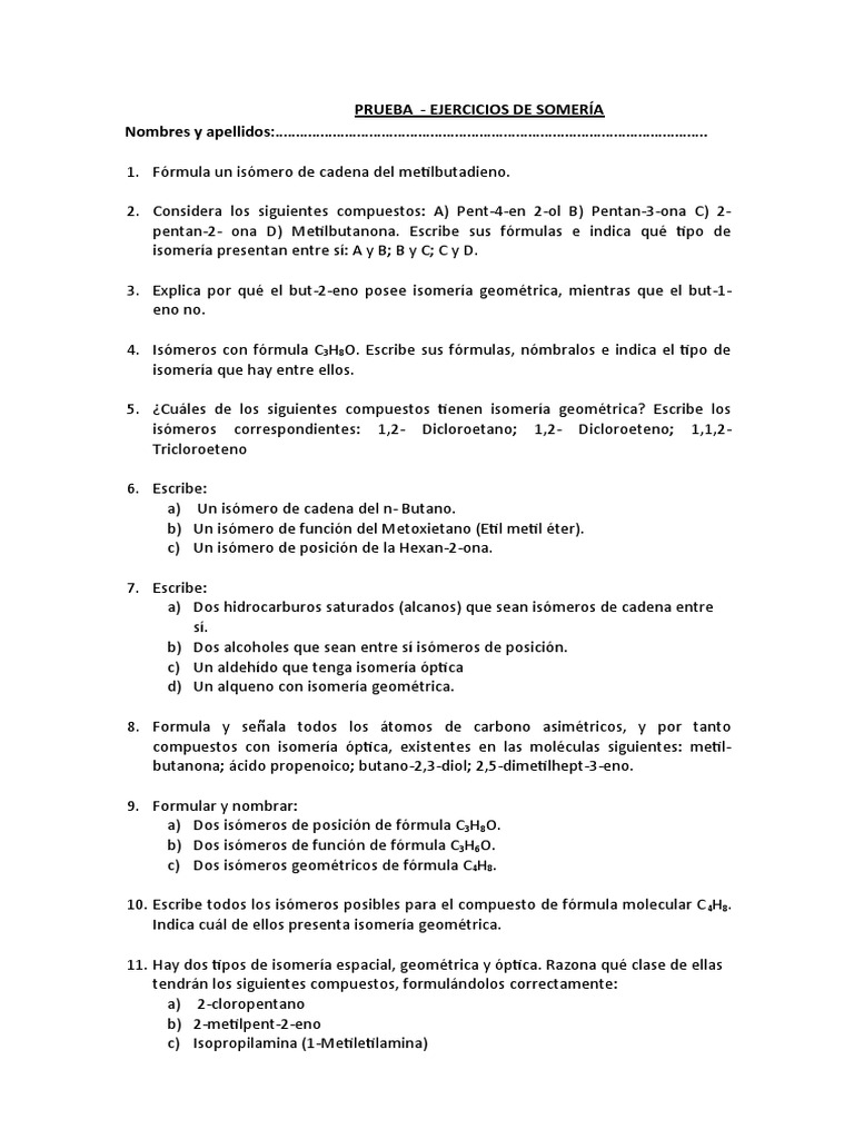 Prueba - Ejercicios de Somería Nombres y Apellidos | PDF | Isómero ...