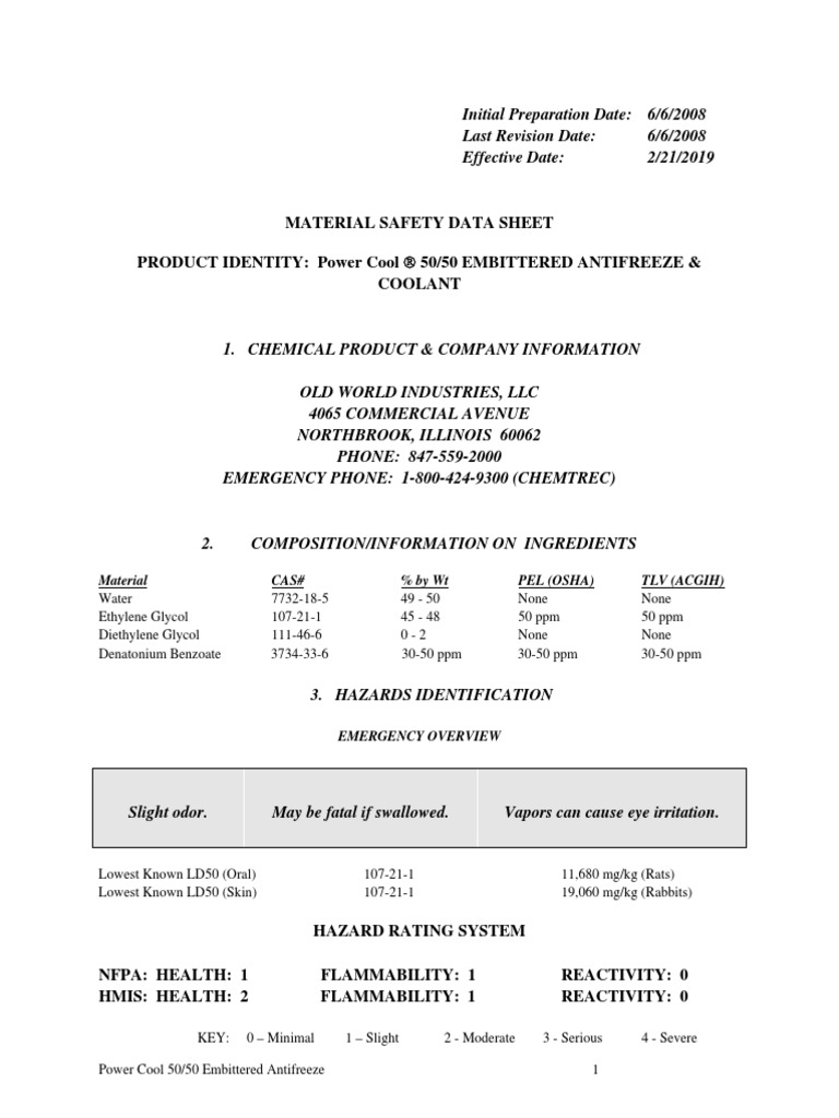 Material Safety Data Sheet Product Identity: Power Cool Coolant | PDF ...