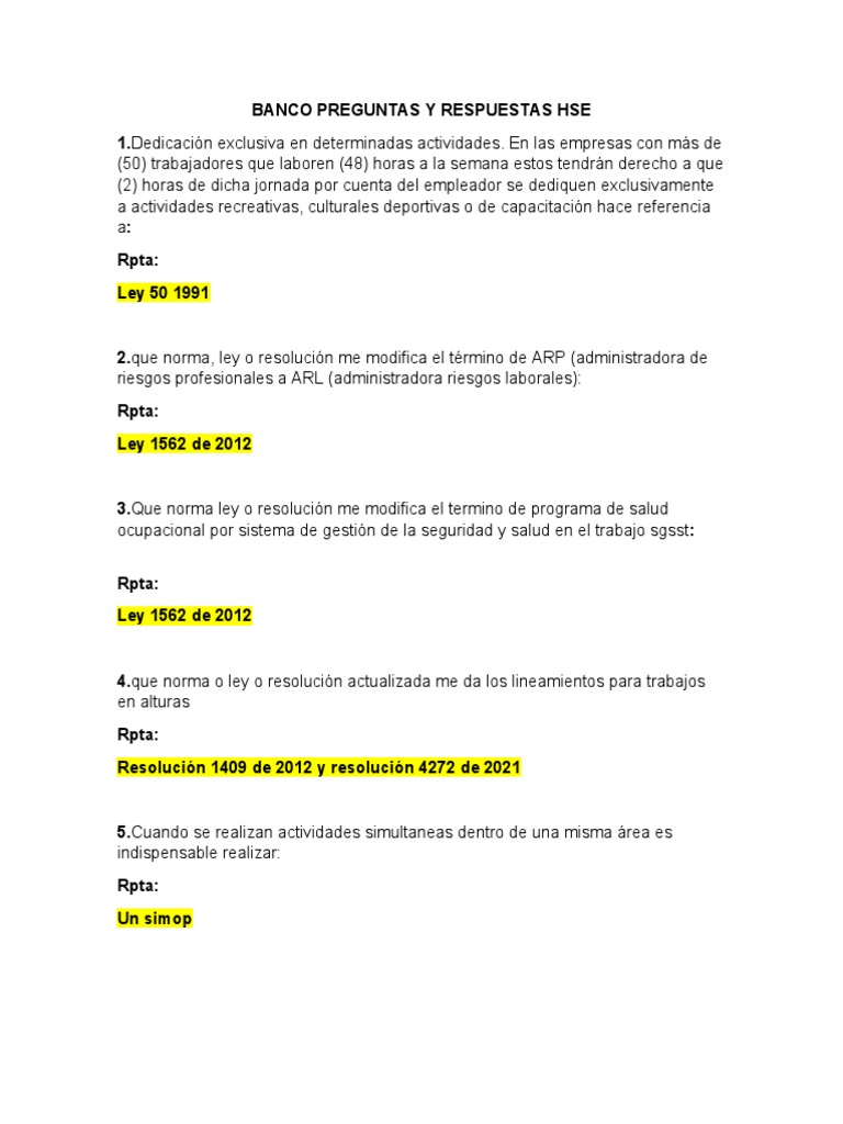 Banco Preguntas y Respuestas Hse 16-06-2022 | PDF | Oxígeno | Gases