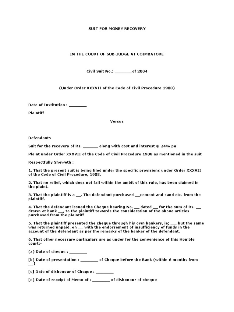 Suit For Money Recovery | PDF | Lawsuit | Cheque