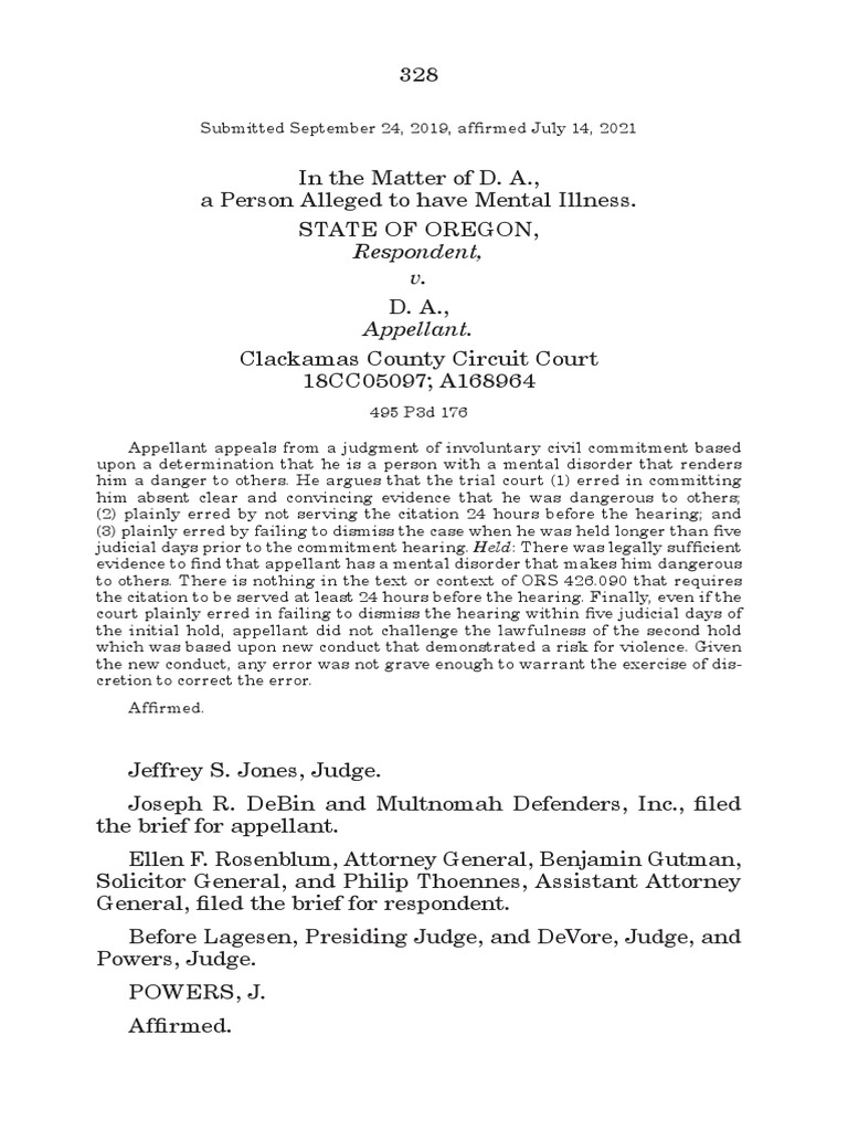 Appeal of Civil Commitment - D.A. | PDF | Mental Disorder | Burden Of ...