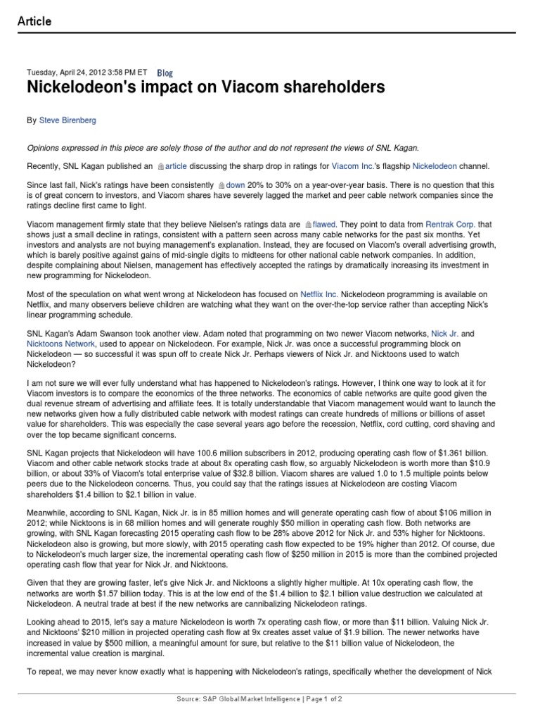 Nickelodeon's Ratings Impact on Viacom | PDF | Nielsen Ratings | Business