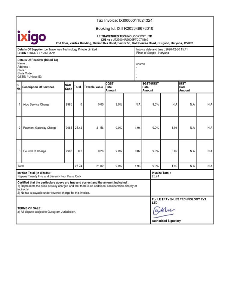 Tax Invoice: IXI0000011824324 Booking Id: IXITR203349678018 | PDF